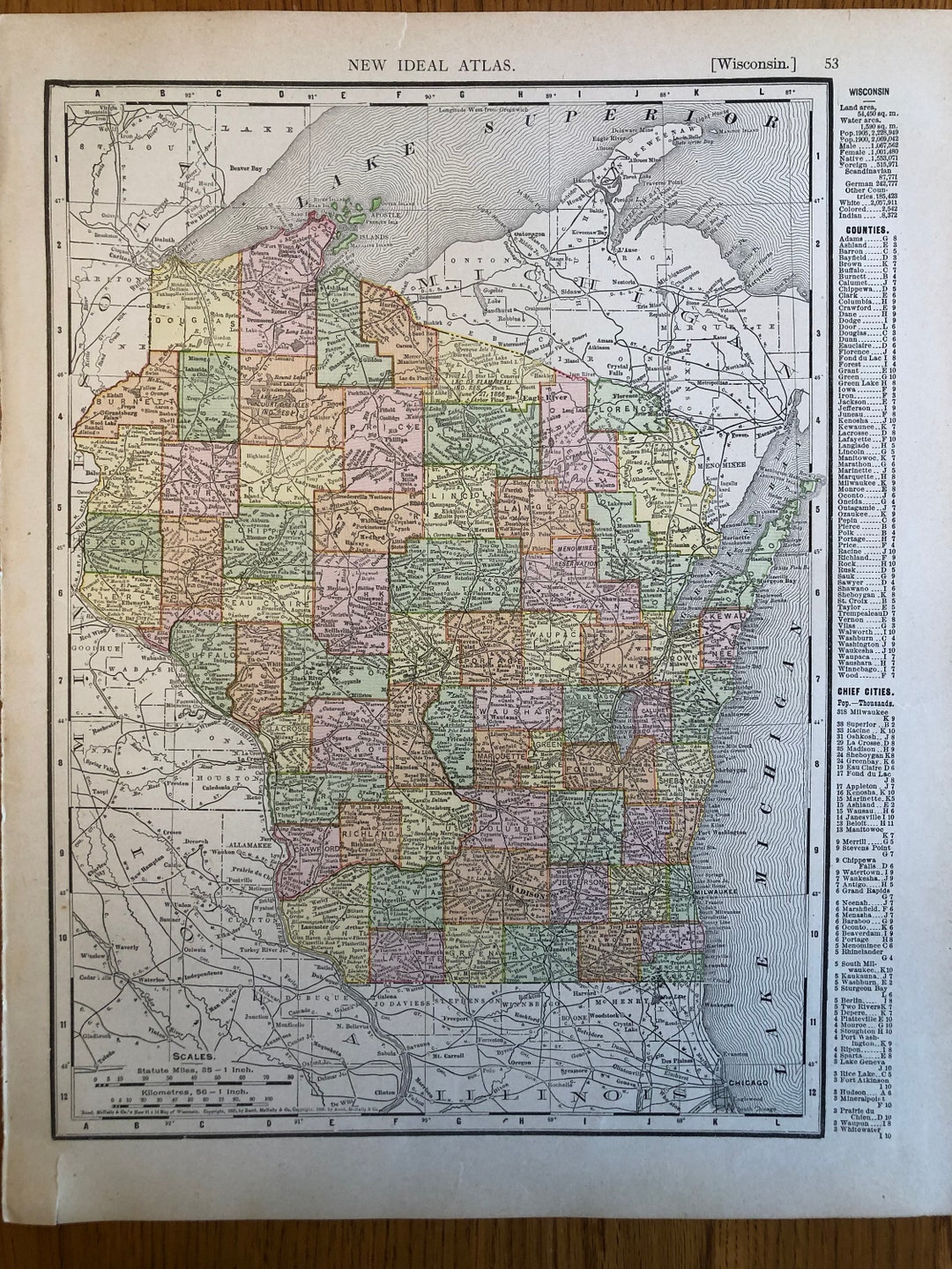 1911 Wisconsin Map, Rand Mcnally, New Ideal State, County Survey and ...