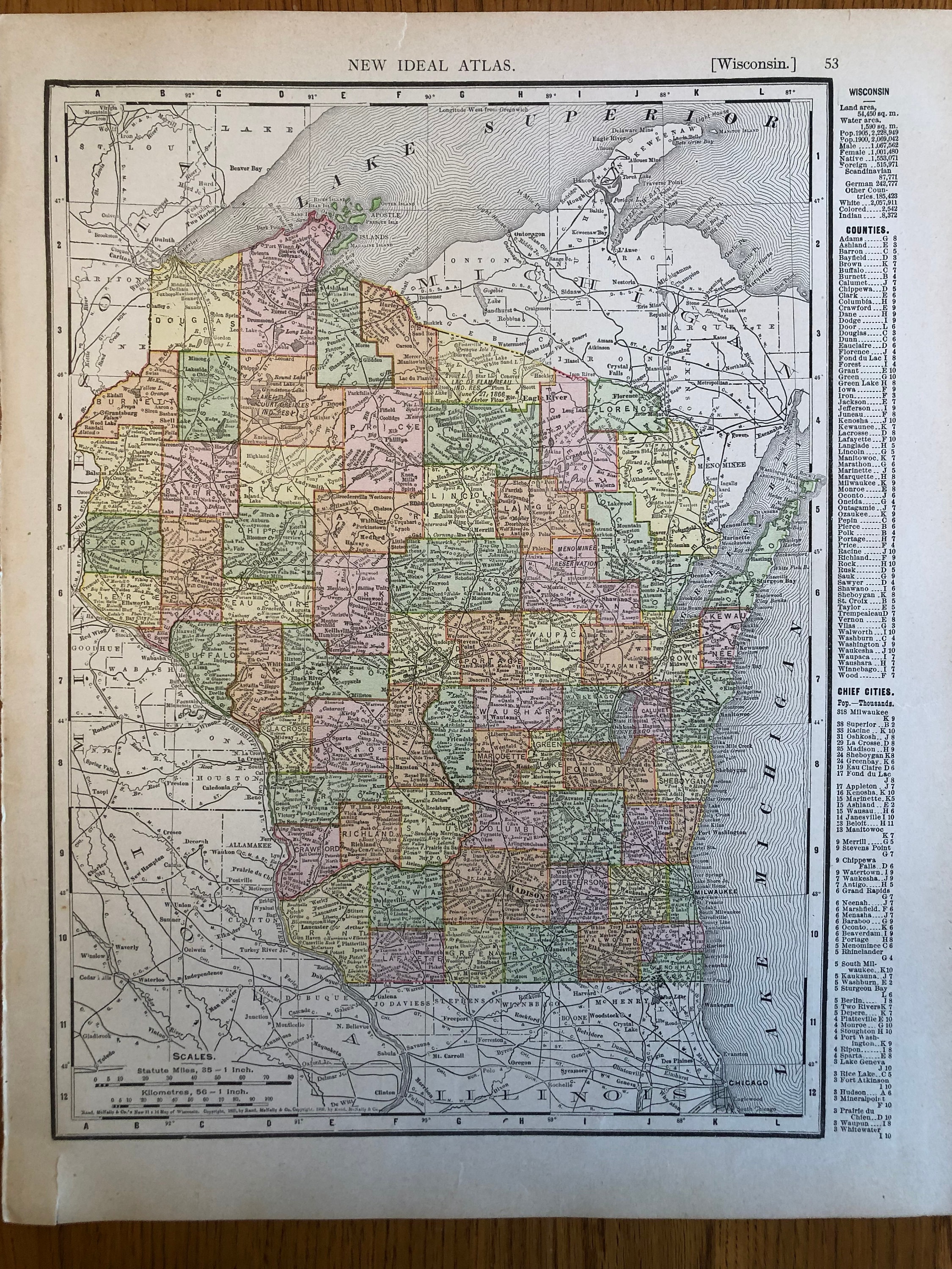1911 Wisconsin Map, Rand Mcnally, New Ideal State, County Survey and ...