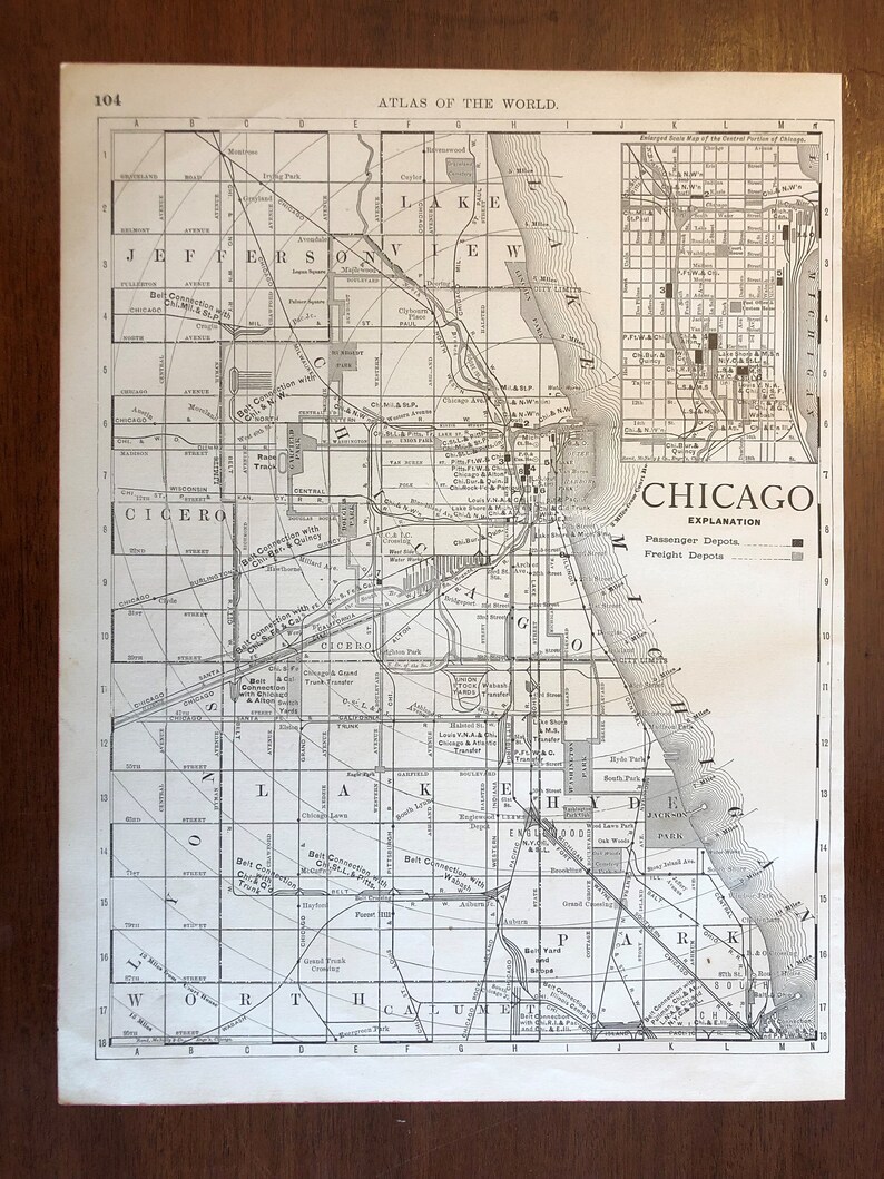Mapa de Chicago de 1889 con el downtown inset, Rand McNally Standard ...