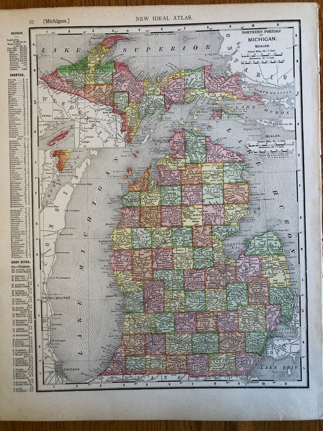 1911 Michigan Map, Rand Mcnally, New Ideal State, County Survey and ...