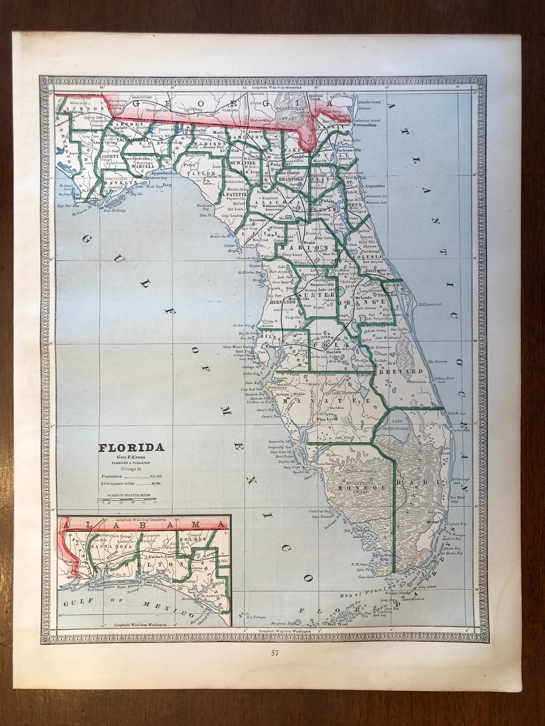 1883 Florida Map, Cram's Unrivaled Family Atlas of the World - Etsy