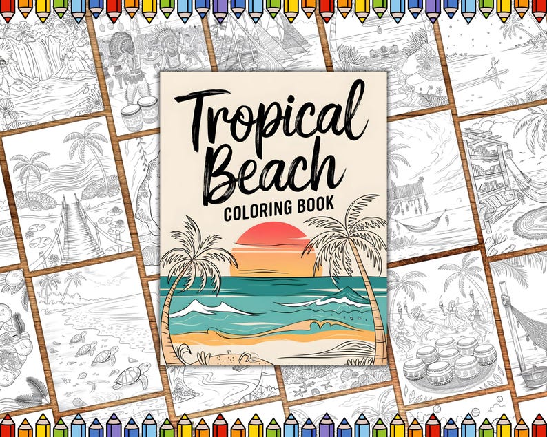 Tropical Beach Coloring Pages, Summer Beach Coloring Book, Beach Houses ...