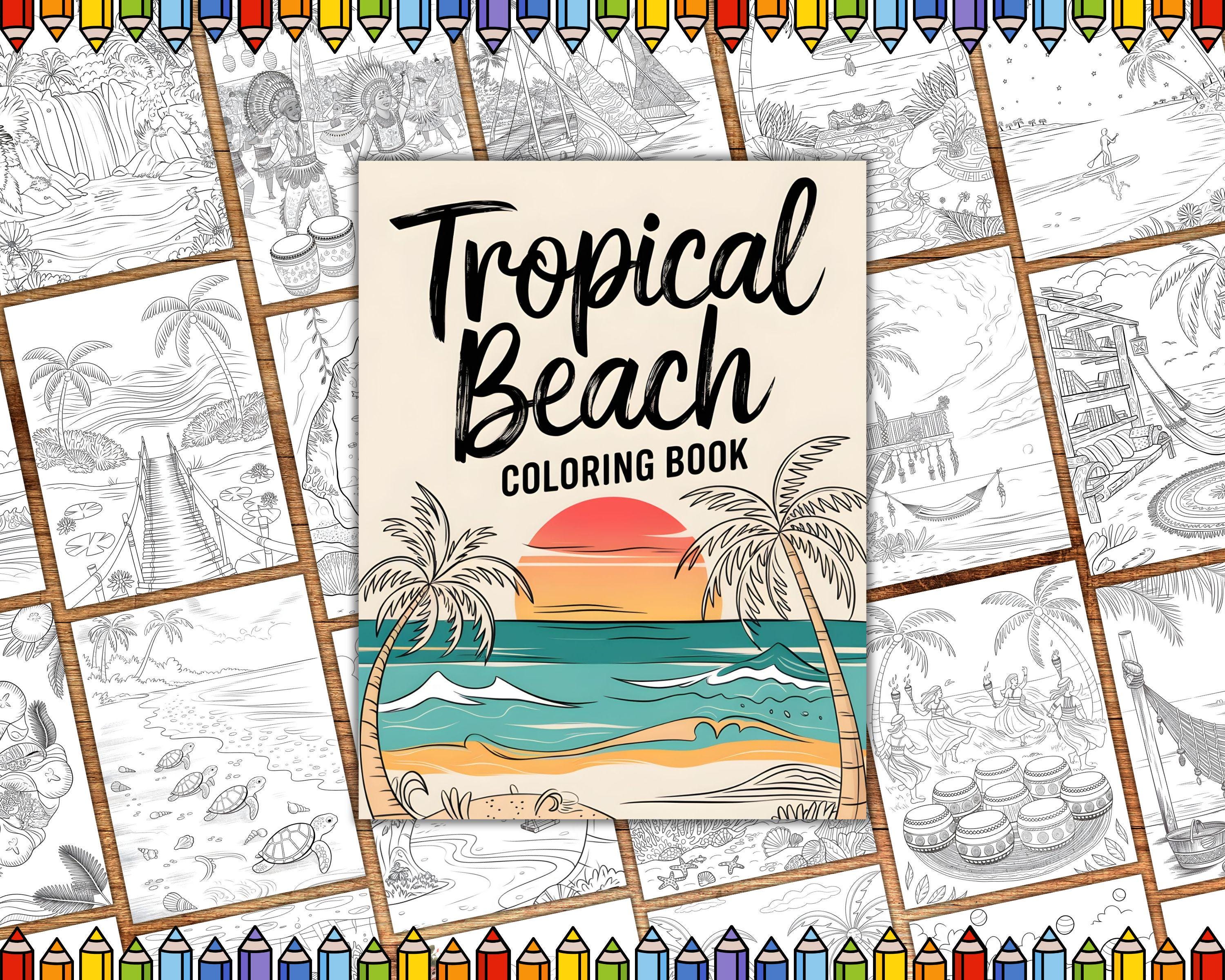 Tropical Beach Coloring Pages, Summer Beach Coloring Book, Beach Houses ...