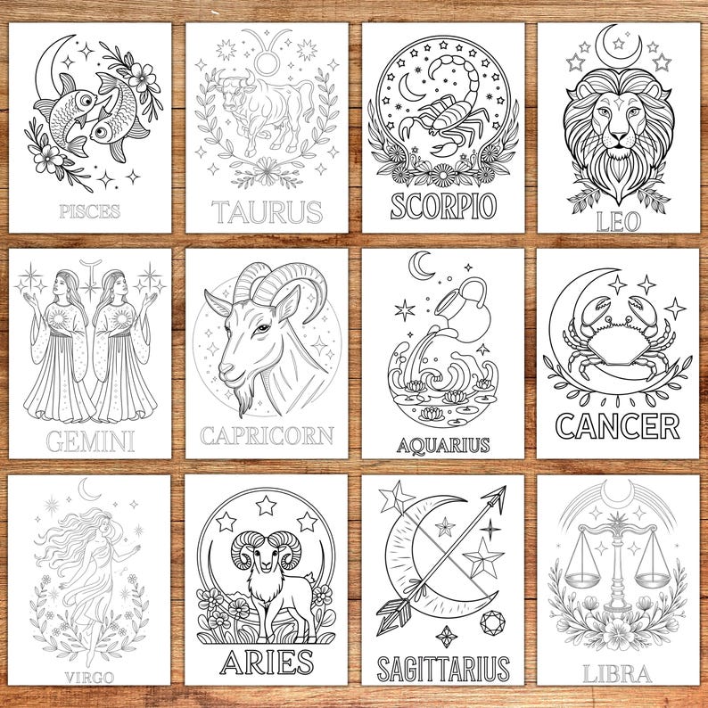 Zodiac Horoscope Coloring Book, Celestial Astrology Coloring Pages ...
