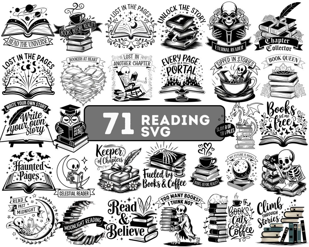 Reading SVG Bundle | Book Lover Designs | Library Art (digital Download ...