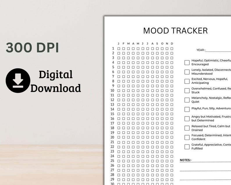 Mood Tracker Printable, A Year in Pixels, Daily Mood Journal, Emotion ...