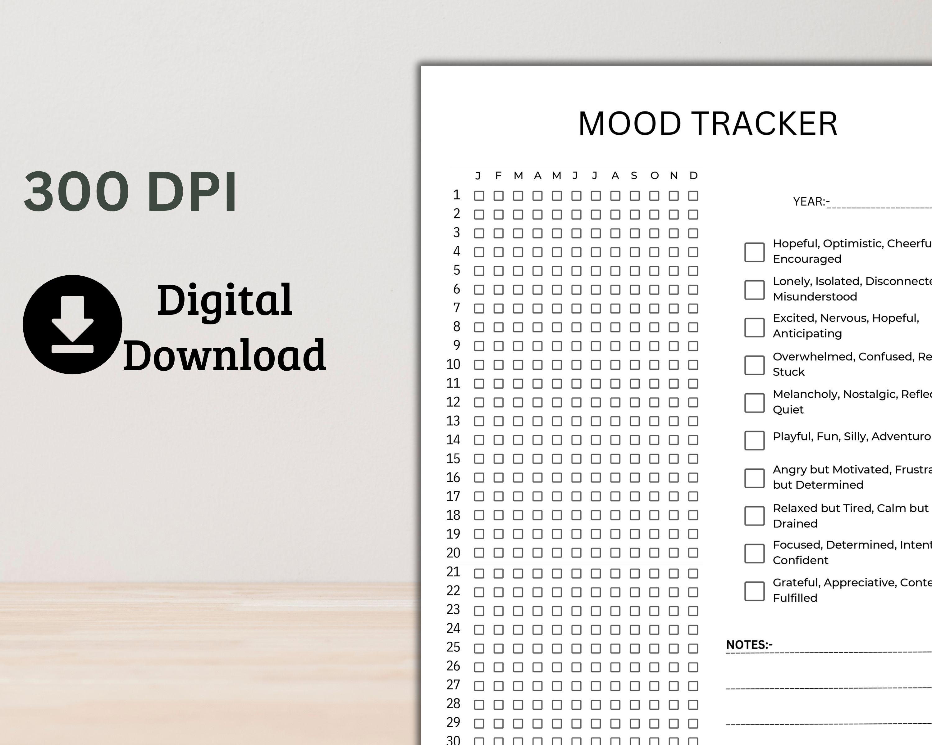 Mood Tracker Printable, A Year in Pixels, Daily Mood Journal, Emotion ...