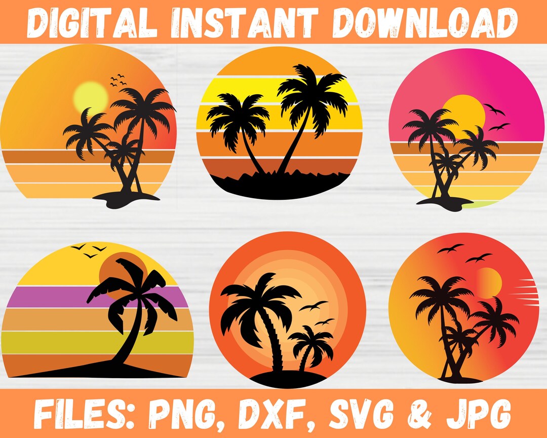 Tropical Palm Tree SVG, Sunset Clipart, Retro Beach, Summer Vibes SVG ...