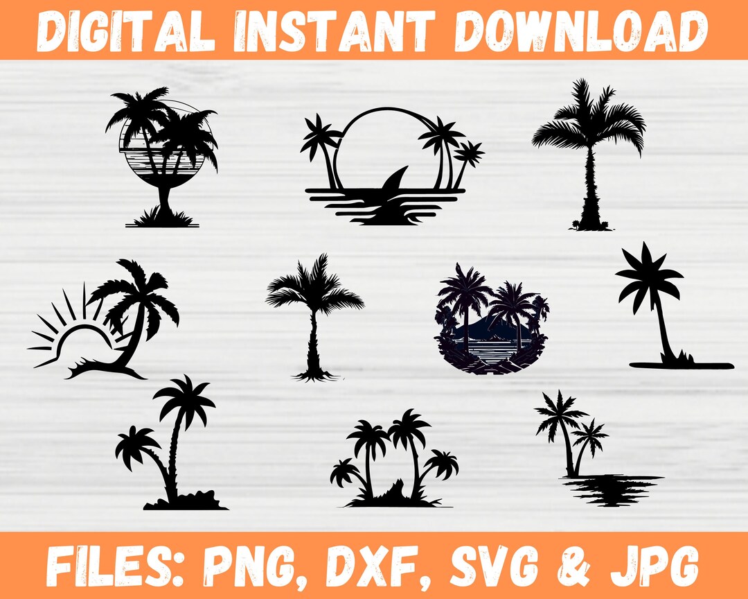 Beach Palm Tree SVG Bundle Silhouette, Sunset Beach Scene Cut Files ...