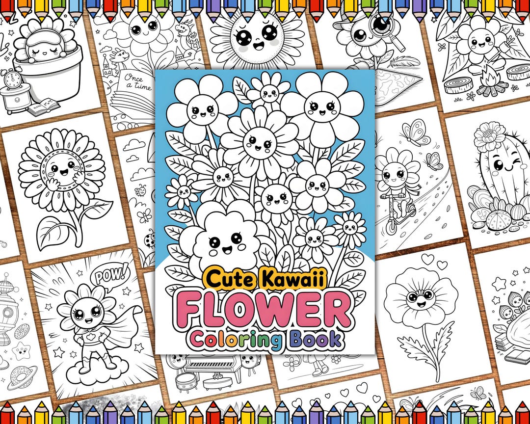 Cute Kawaii Flower Coloring Pages, Kawaii Coloring Book, Cute Cozy ...