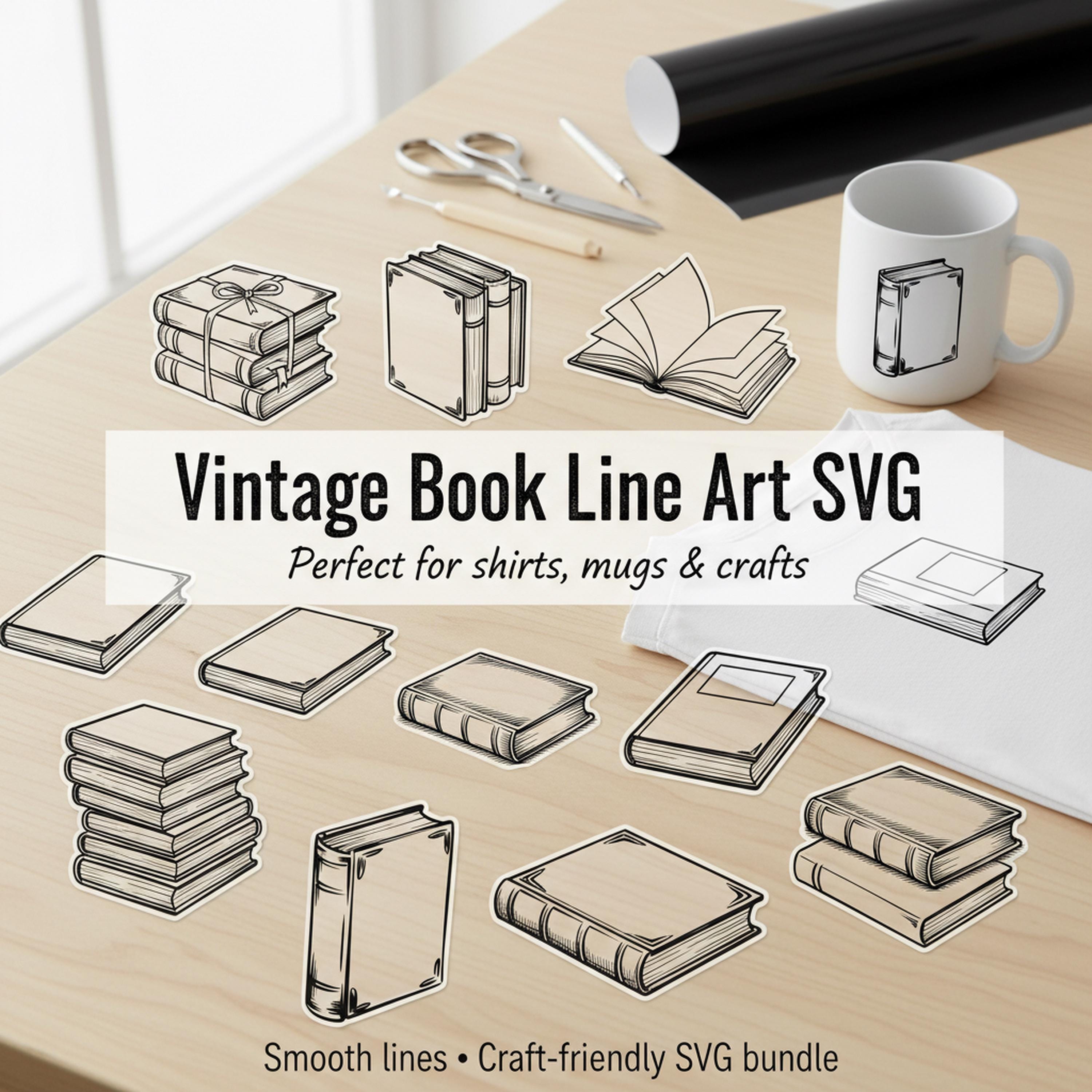 55 Vintage Book Line Art SVG Bundle | Antique Book Clipart | Library ...