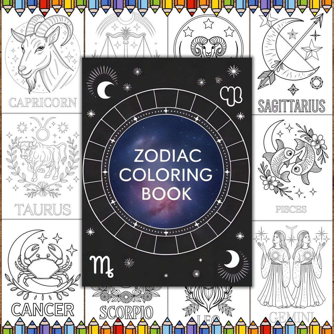 Zodiac Horoscope Coloring Book, Celestial Astrology Coloring Pages ...