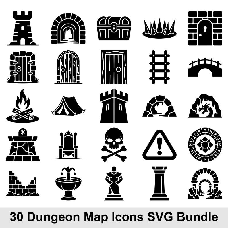 30 Dungeon Map Icons SVG Bundle, RPG Castle Treasure Quest Symbols for ...