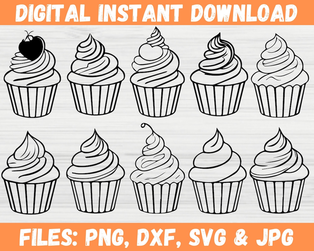 Cupcake Outline SVG Bundle Sweet Happy Birthday Clipart With Dessert ...