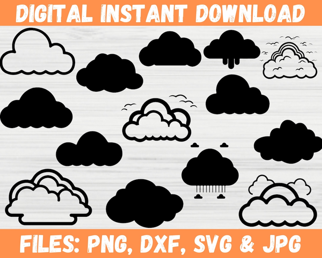 Weather Clouds SVG Bundle Pack Cartoon Clouds Silhouette Png Rain Cloud ...