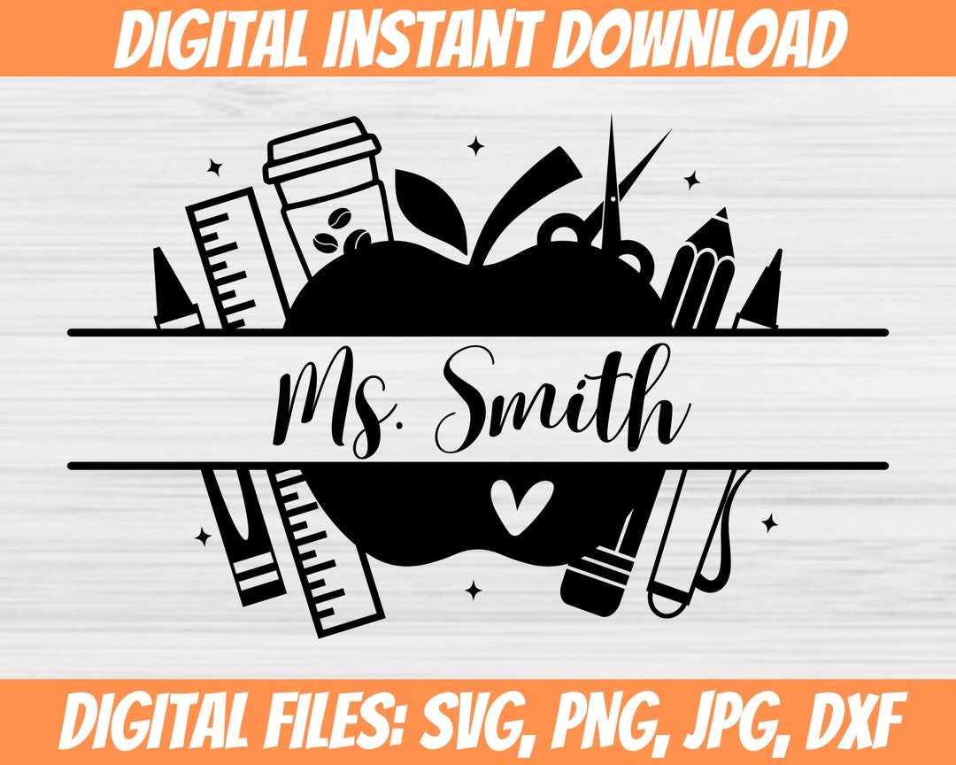 Teacher Split Monogram SVG, Apple School Supplies Svg, Back to School ...