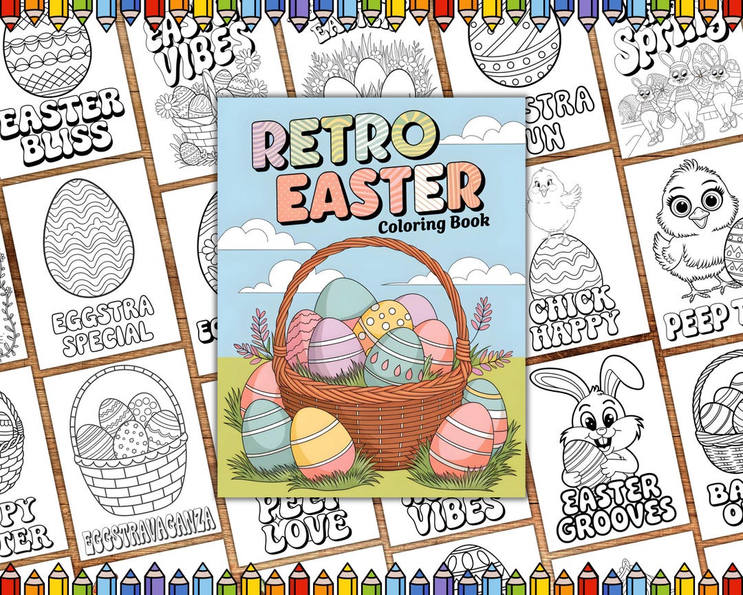 Retro Easter Coloring Pages, Groovy Spring Coloring Bundle, Retro ...
