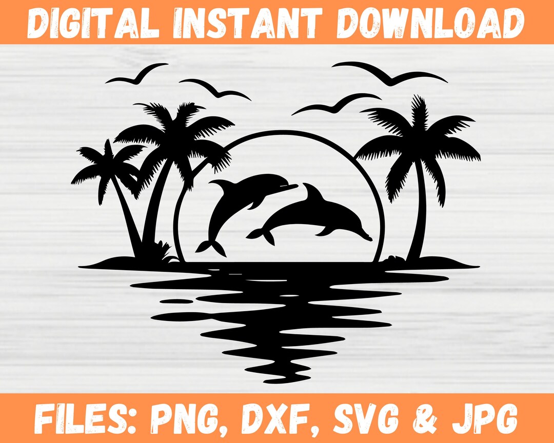 Dolphin Palm Tree Sunset SVG Summer Beach Ocean Wave Romantic Island ...