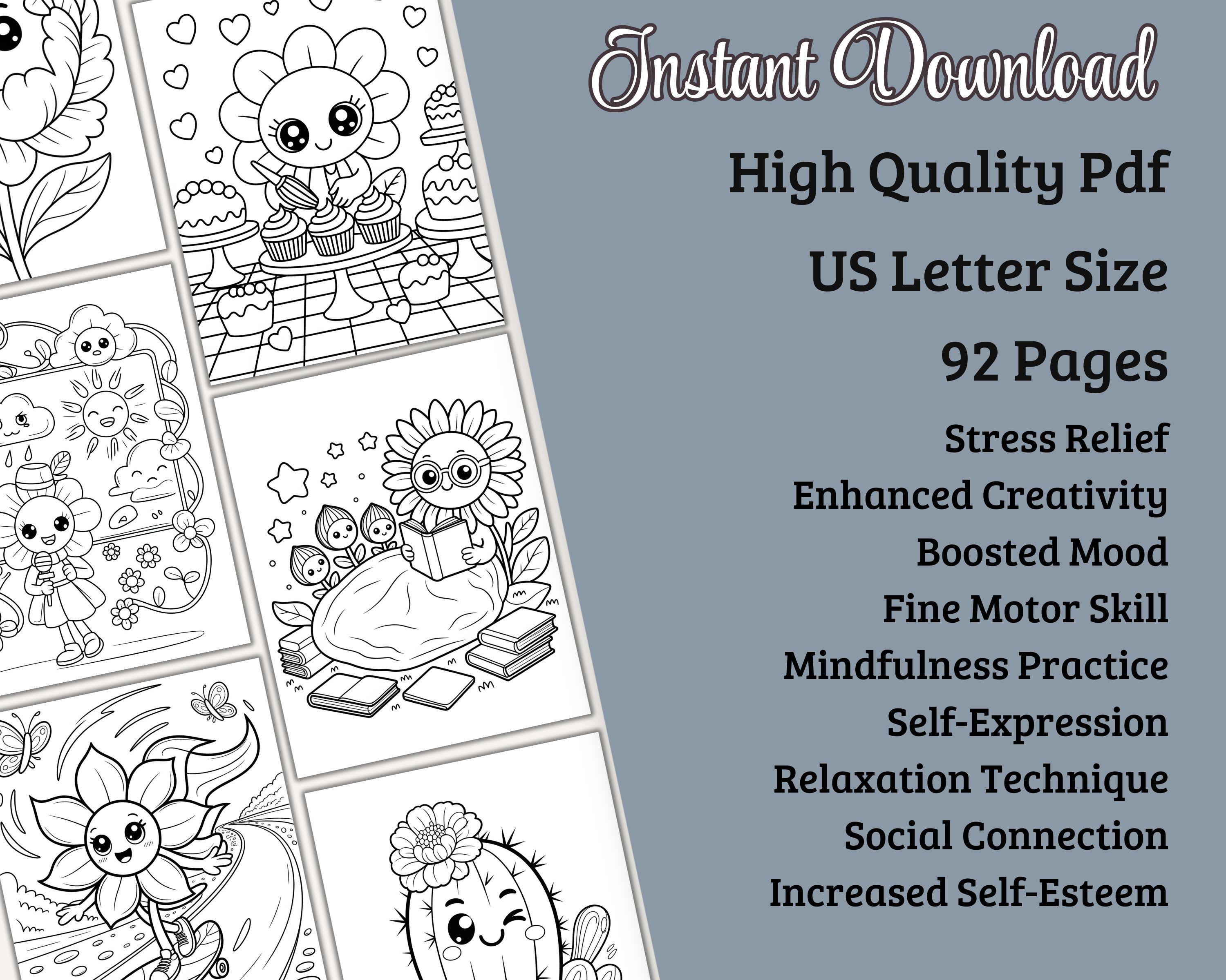 Cute Kawaii Flower Coloring Pages, Kawaii Coloring Book, Cute Cozy ...