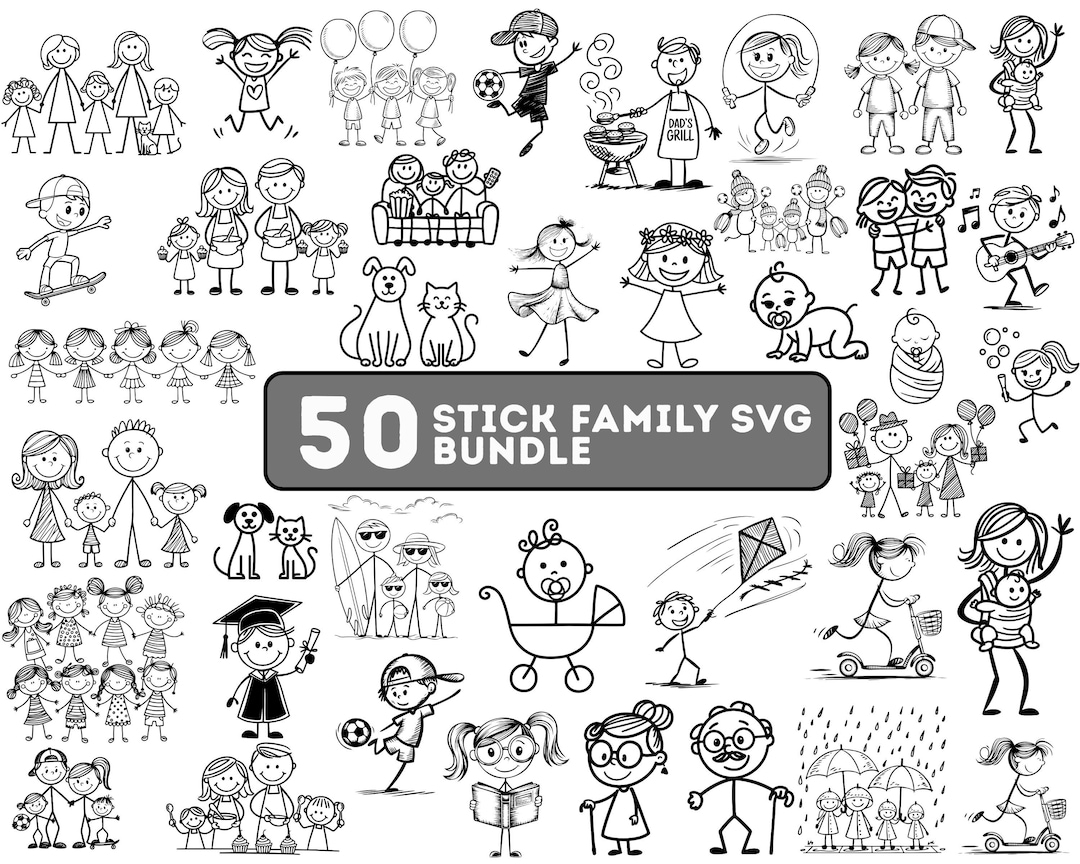 Stick famille SVG Bundle | Croquis de personnages au trait pour Cricut ...