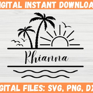 Palm Tree Monogram SVG, Beach Split-frame Monogram, Ocean Waves ...