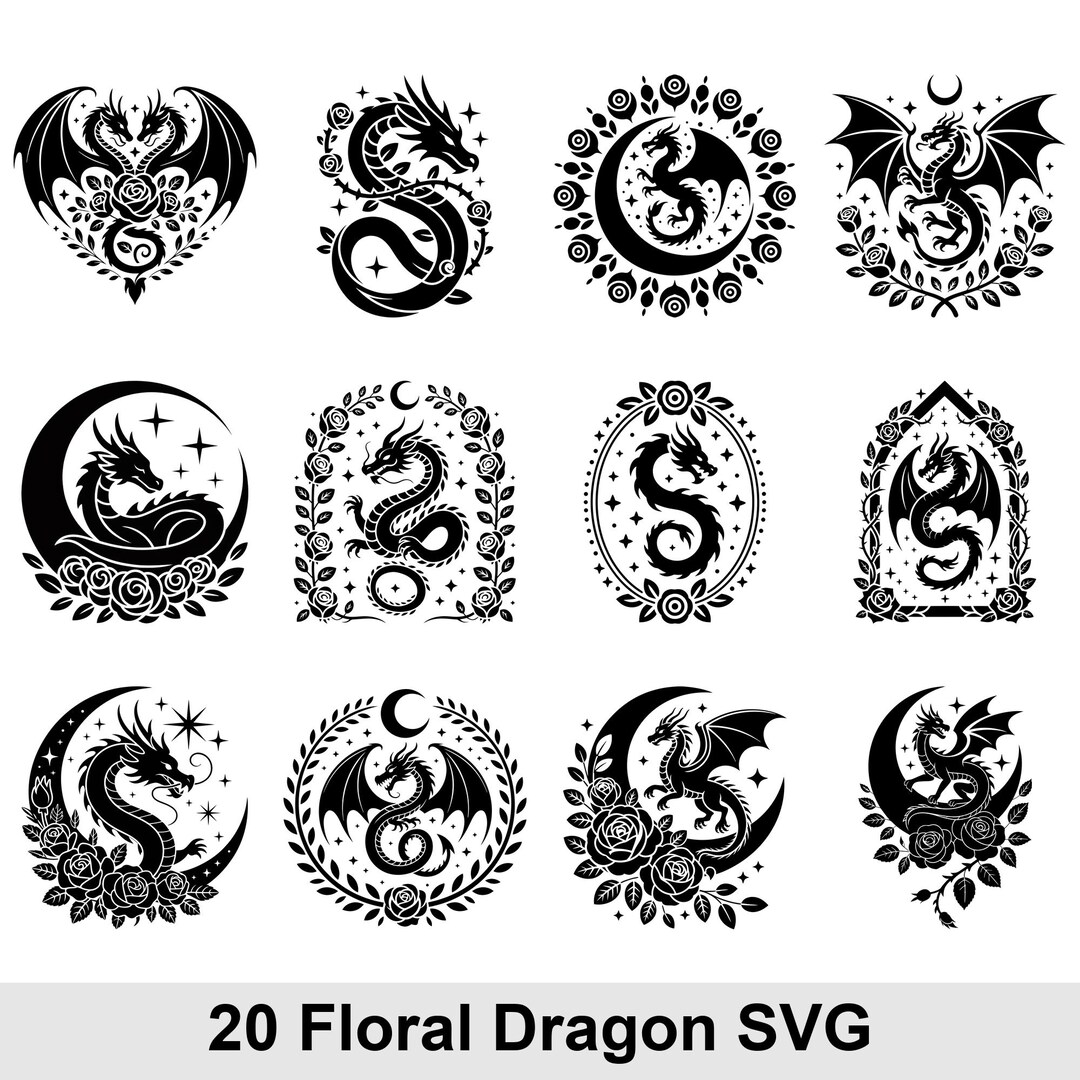 20 Floral Dragon SVG Bundle • Cricut Cut File, Mystical Dragon Art ...