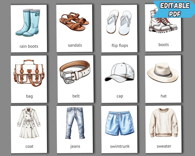 Clothes Flashcards PDF Printable Card Editable Montessori - Etsy