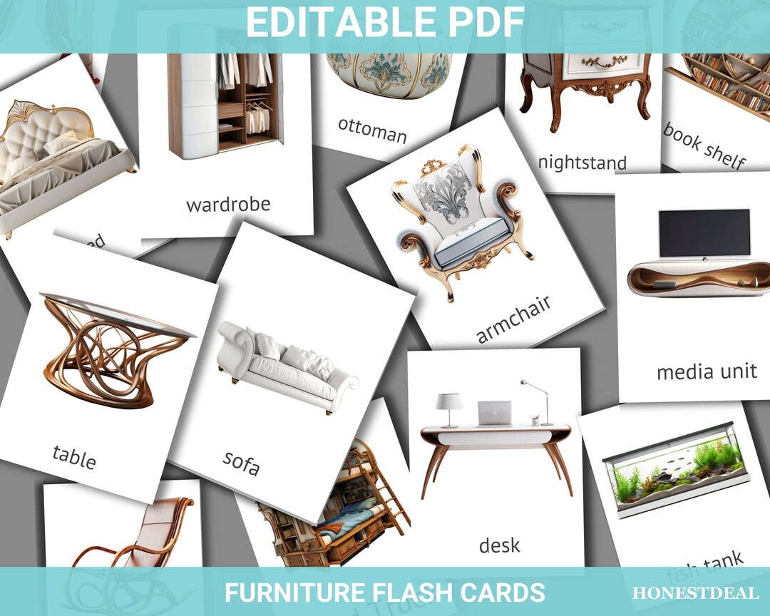 Realistic Furniture Flash Cards, Montessori Printable Education Card ...