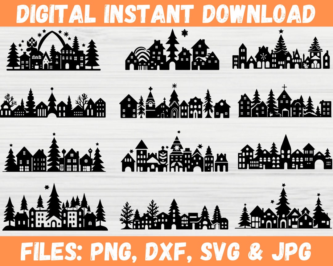 Christmas Villages Silhouette Svg, Winter Holiday Village House Plotter ...
