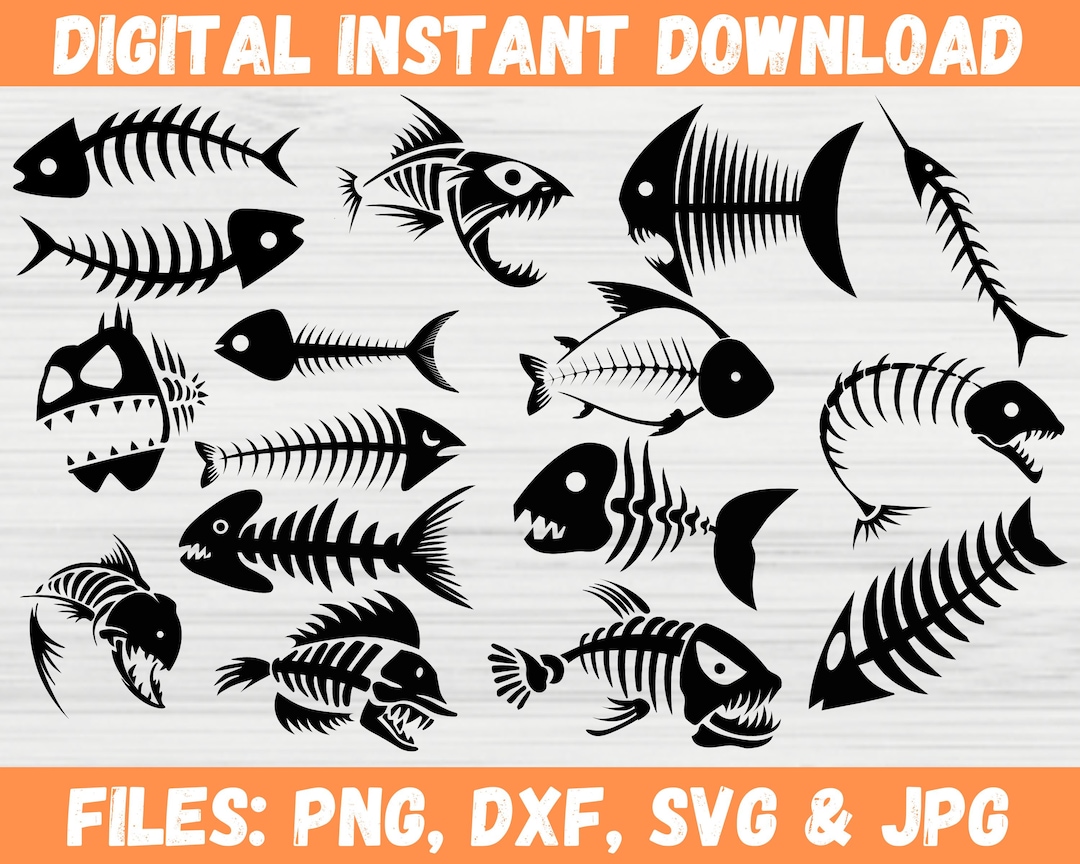 Fish Bones SVG Bundle, Dead Fish Bone Clipart, Pike Skeleton Silhouette ...