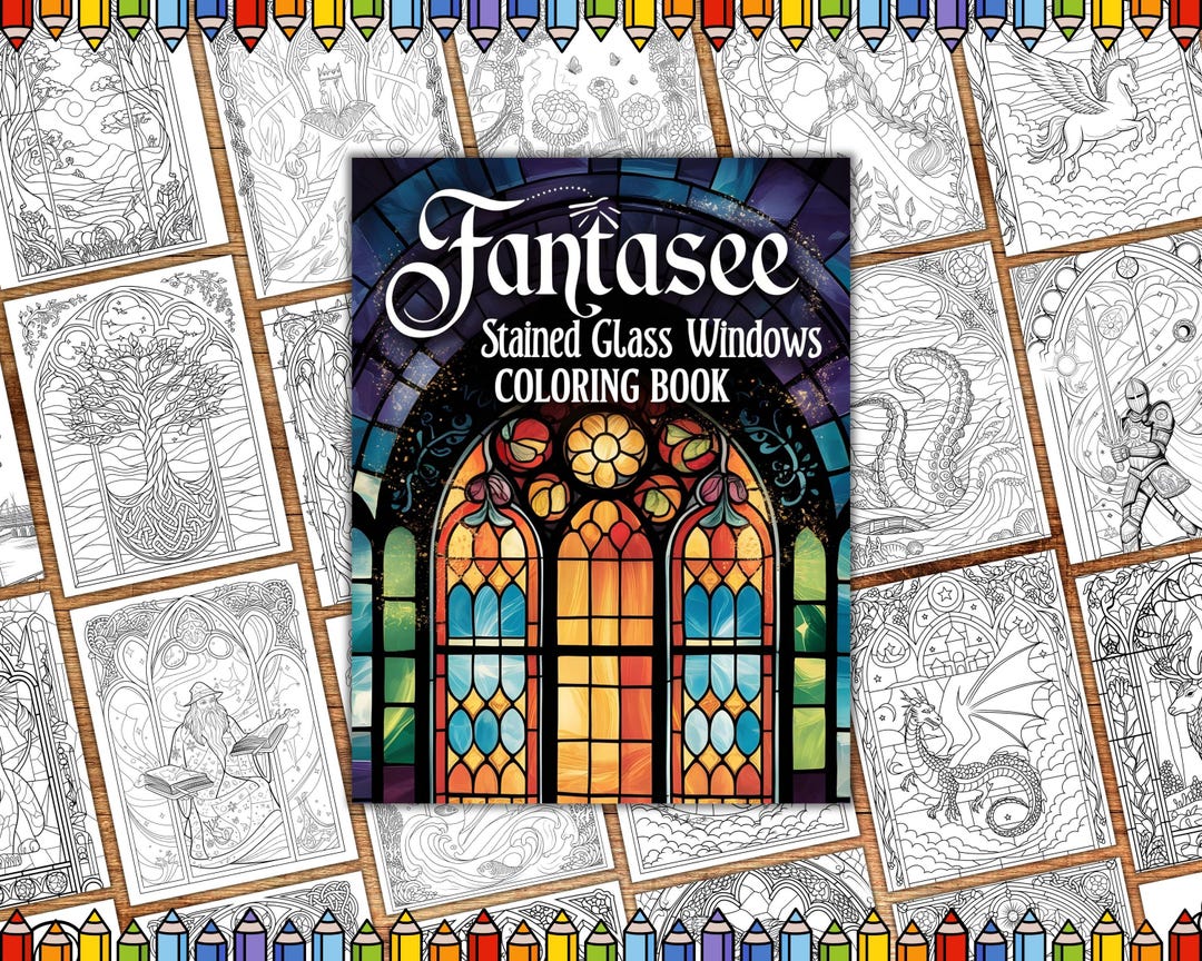 Stained Glass Windows Coloring Book, Fairytale Window Scenes, Grayscale ...