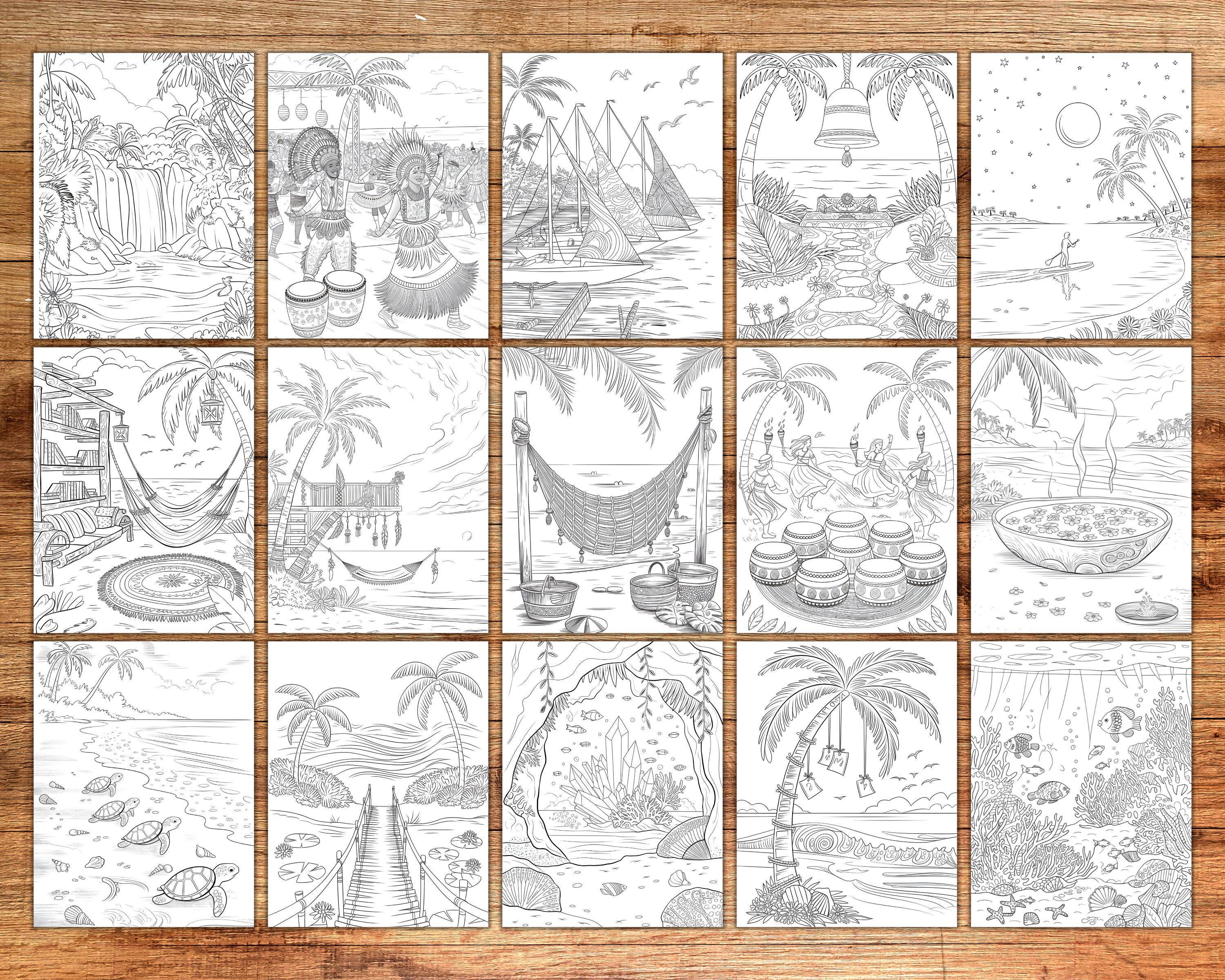 Tropical Beach Coloring Pages, Summer Beach Coloring Book, Beach Houses ...