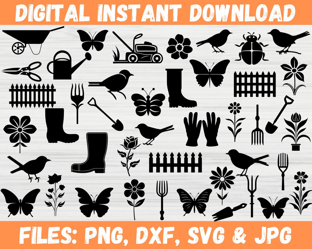 Garden Tools Icon Clipart SVG, Summer Gardening Silhouette Farmer ...