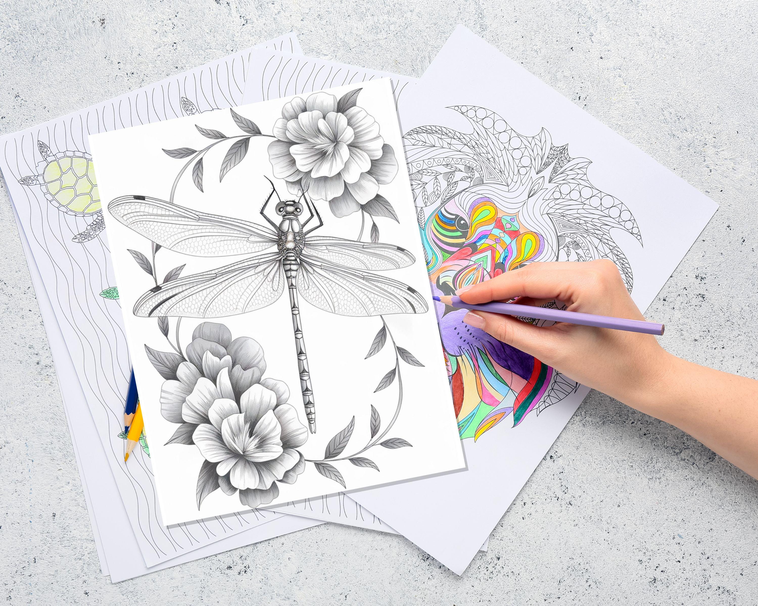 Floral Dragonfly Coloring Pages, Fantasy Coloring Sheets, Grayscale ...