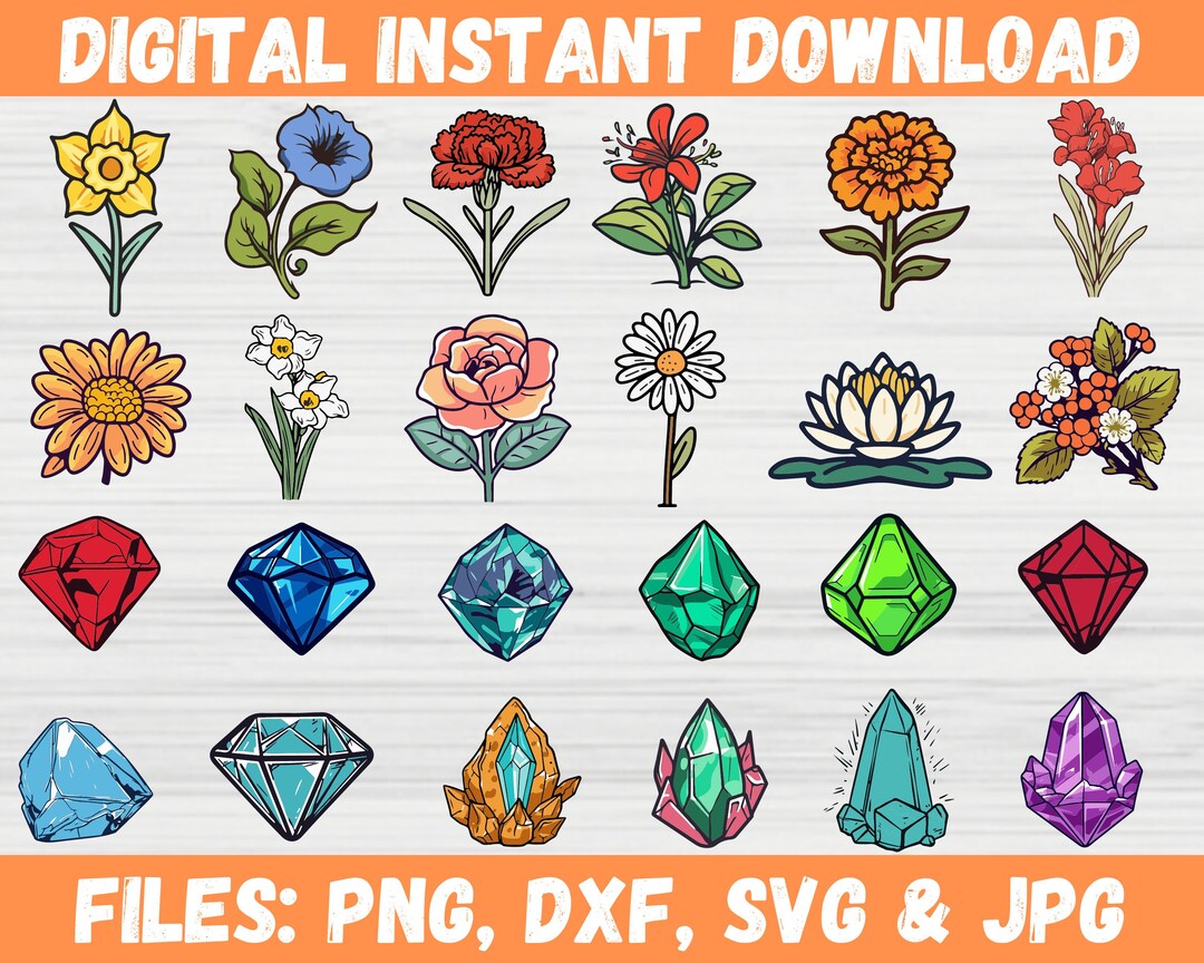 Birthmonth Flowers and Birthstone SVG, Birth Month Wildflower Floral ...