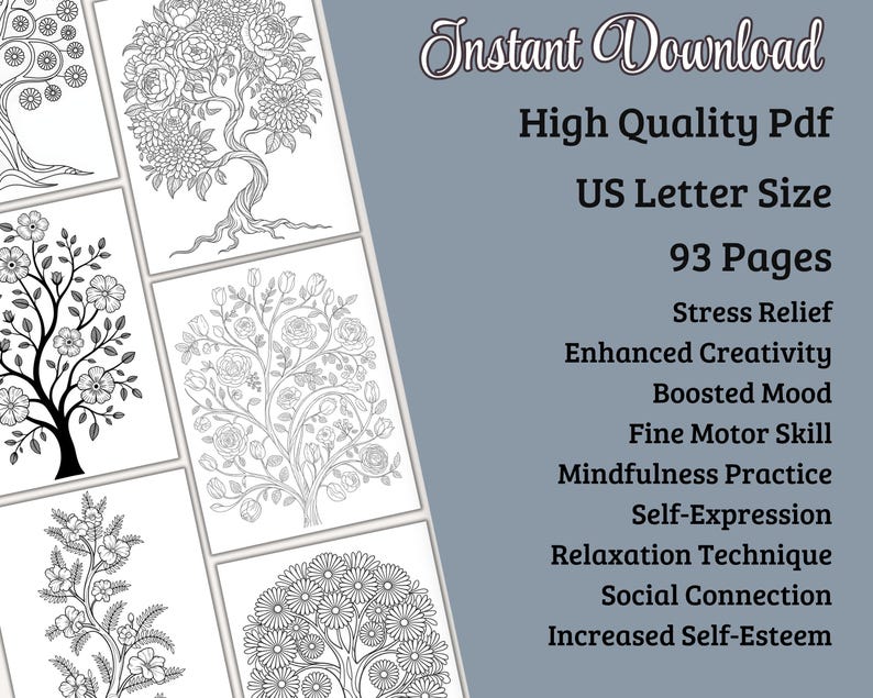 Floral Tree Coloring Pages, Grayscale Enchanted Tree Coloring Book for ...