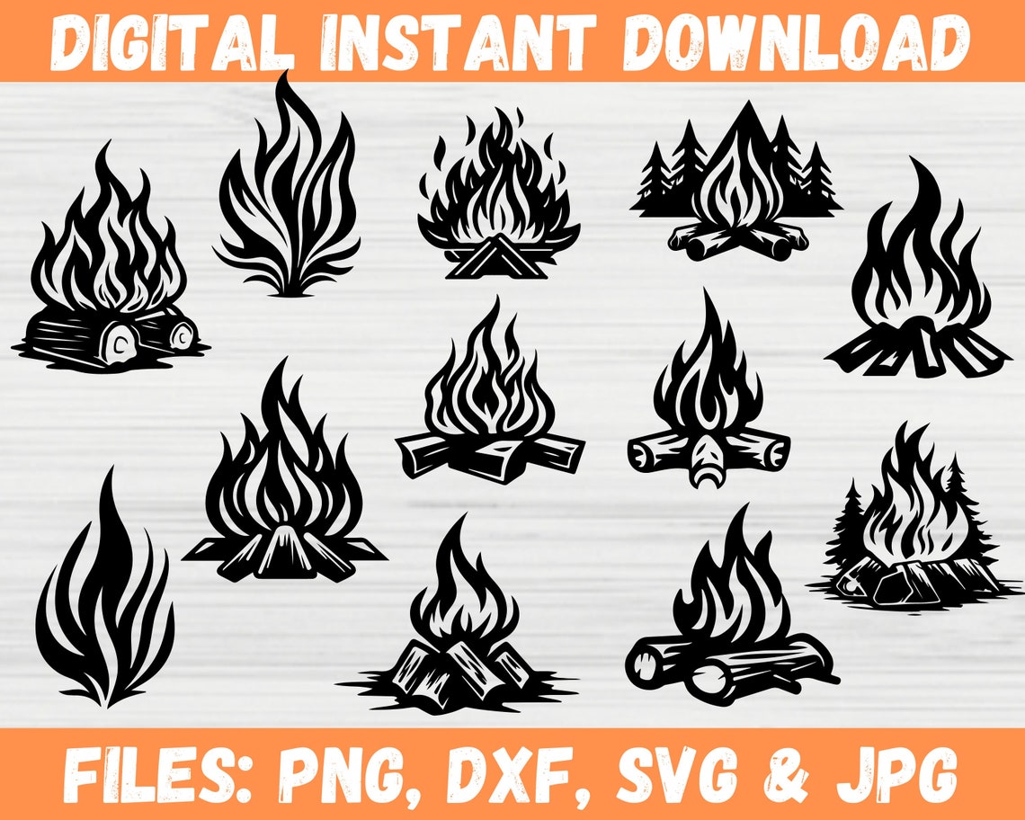 Campfire Silhouette SVG Bundle, Fire Flame SVG, Flames Silhouette, Camp ...