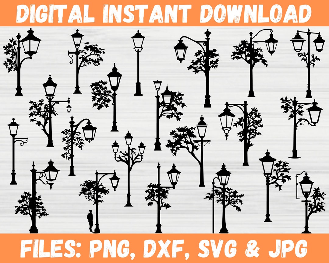 Vintage Silhouette Street Lamp SVG Bundle, Retro Lamppost Silhouette ...