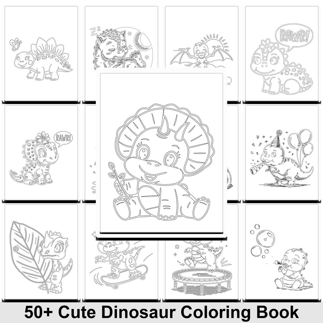 Cute Dinosaur Coloring Book 50+ Pages | Kids Dino Coloring Pages | Fun ...