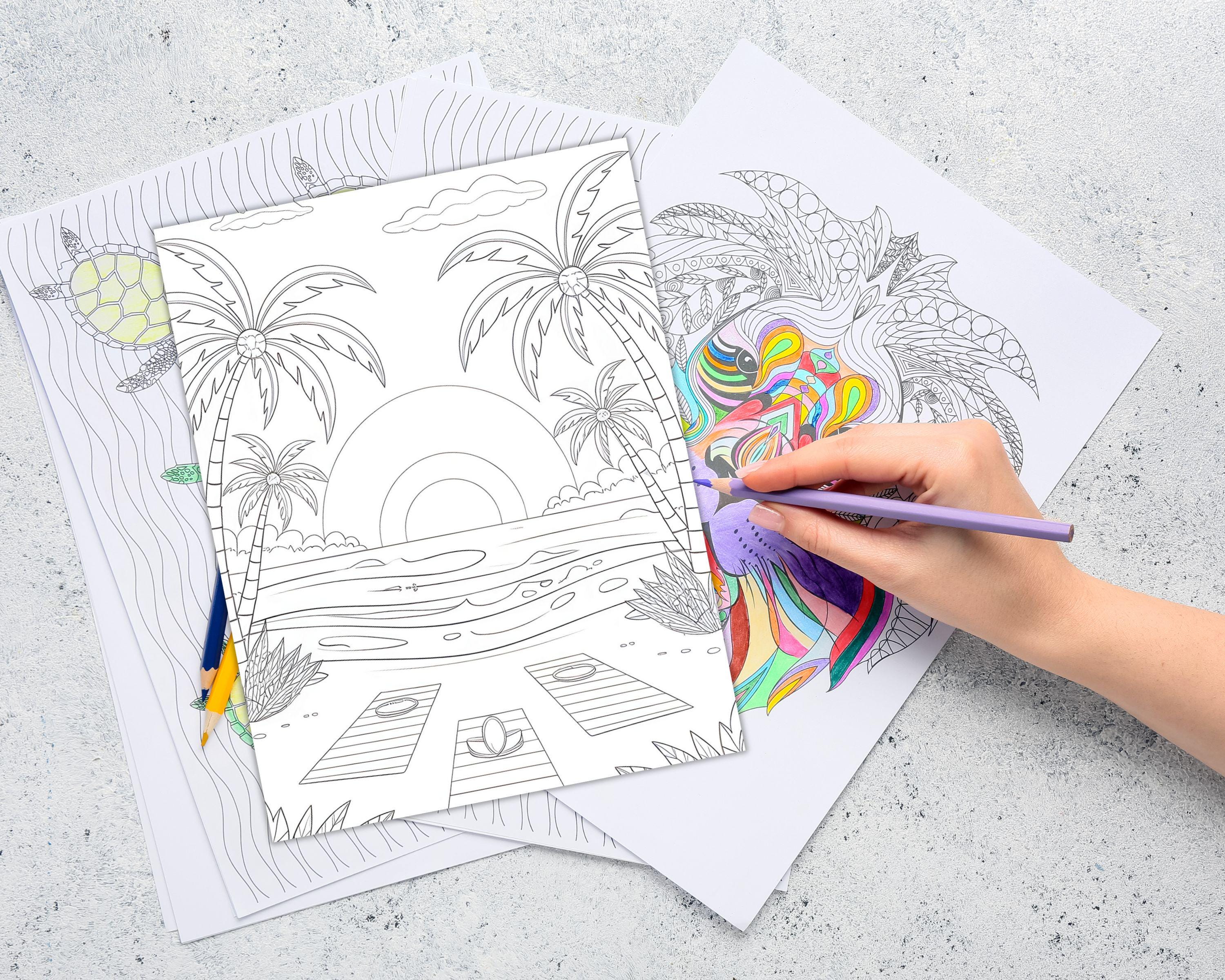 Tropical Beach Coloring Pages, Summer Beach Coloring Book, Beach Houses ...