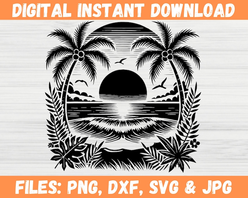 Beach Sunset SVG, Tropical Island Scene SVG, Palm Tree Ocean Design ...