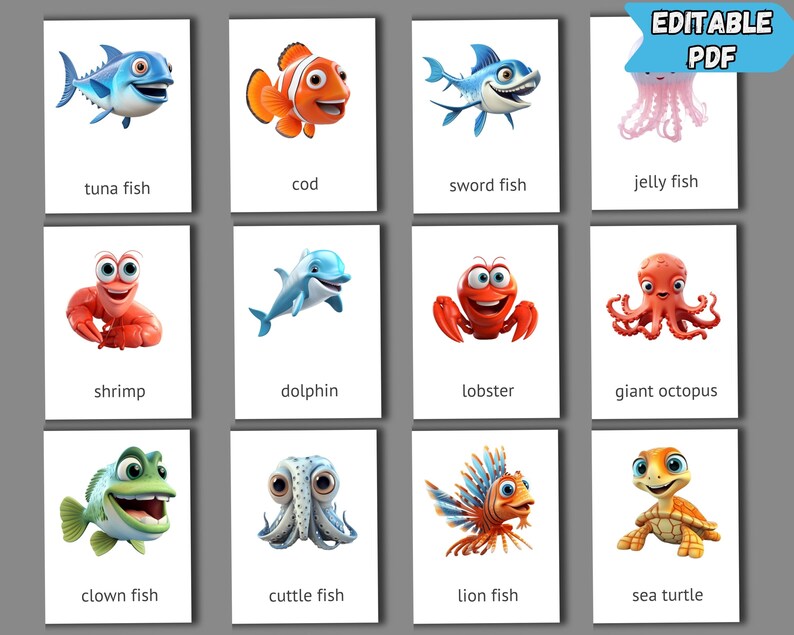 Sea Animals Flashcards | PDF Printable Card | Editable Montessori Cards ...