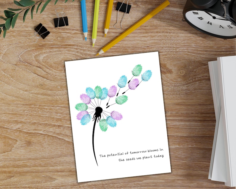 Dandelion Fingerprint Art , Kids DIY Keepsake Printable, Fingerprint ...