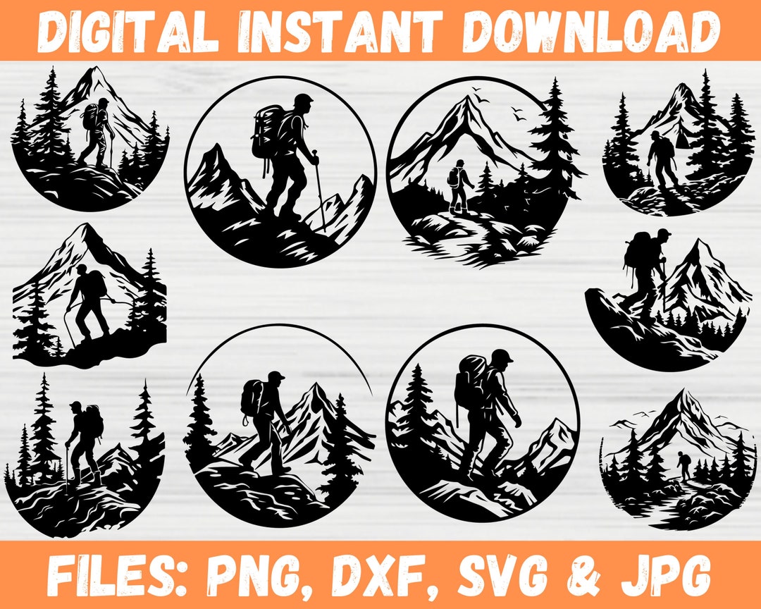 Hiking in the Mountain Ranges SVG, Hiking Sticker Silhouette Design ...