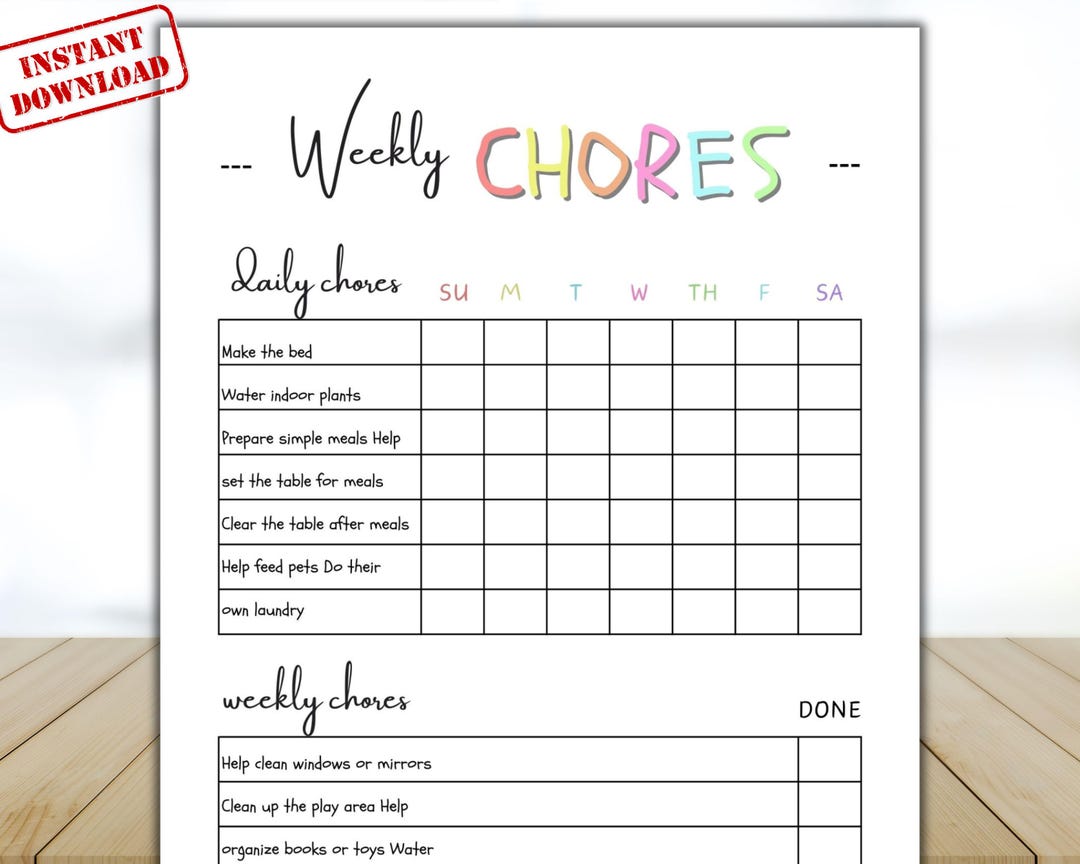Editable Chore Chart for Kids, Daily & Weekly Responsibility Chart ...