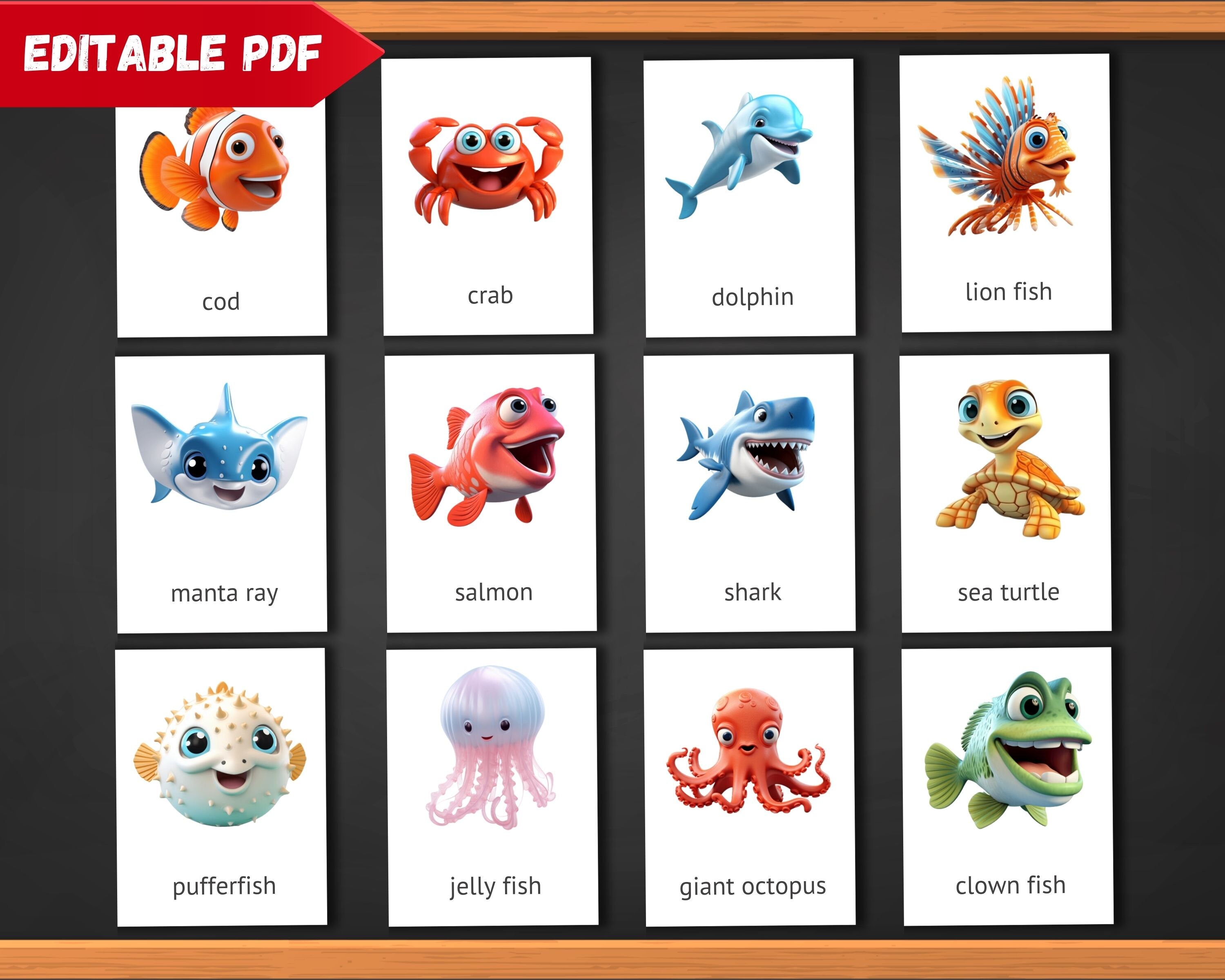Sea Animals Flashcards PDF Printable Card Editable - Etsy