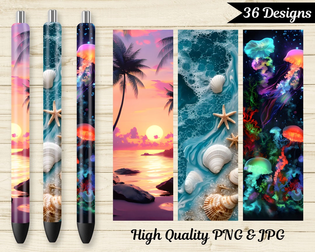 Beach Pen Wrap, Blue Ocean Waterslide Pen Wraps, Coastal Beach Glitter ...