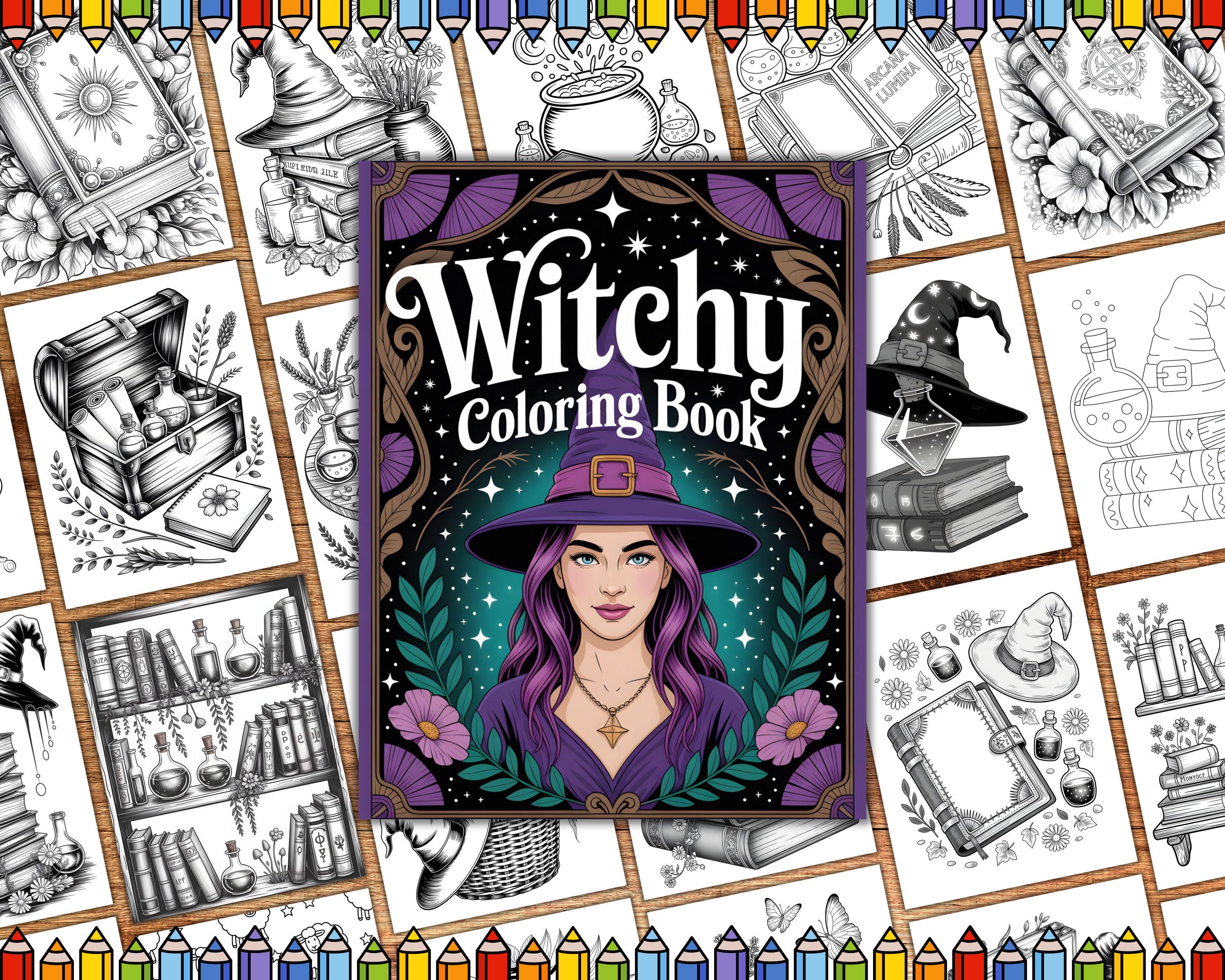 Witchy Coloring Page, Magical Spellbook Coloring Pages, Adult and Kids ...