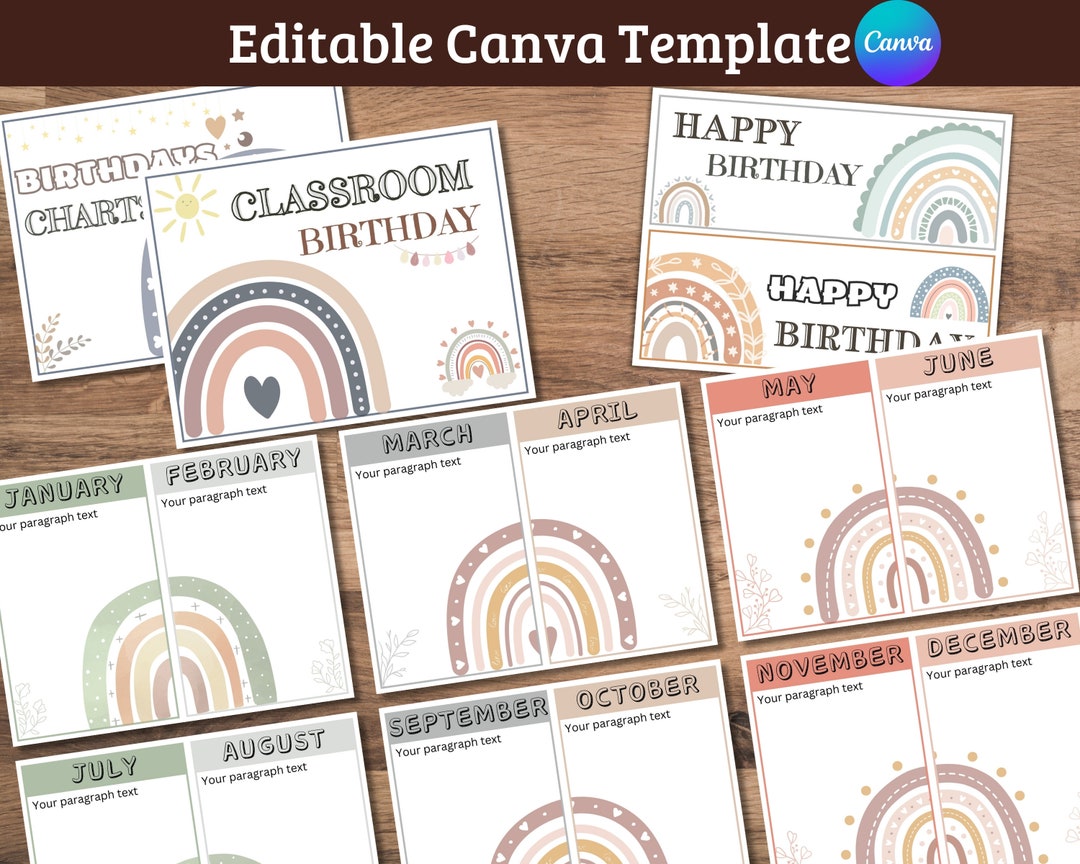 Boho Rainbow Birthday Classroom Display, Editable Monthly Birthday ...