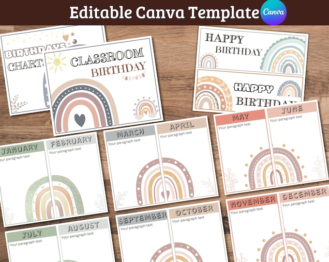 BOHO RAINBOW Birthday Chart | Editable | Neutral Rainbow Classroom ...
